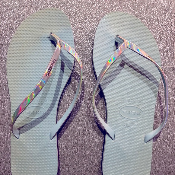 Havaianas | Shoes | Havaianas Womens Silver Flip Flops With Blue Soles ...
